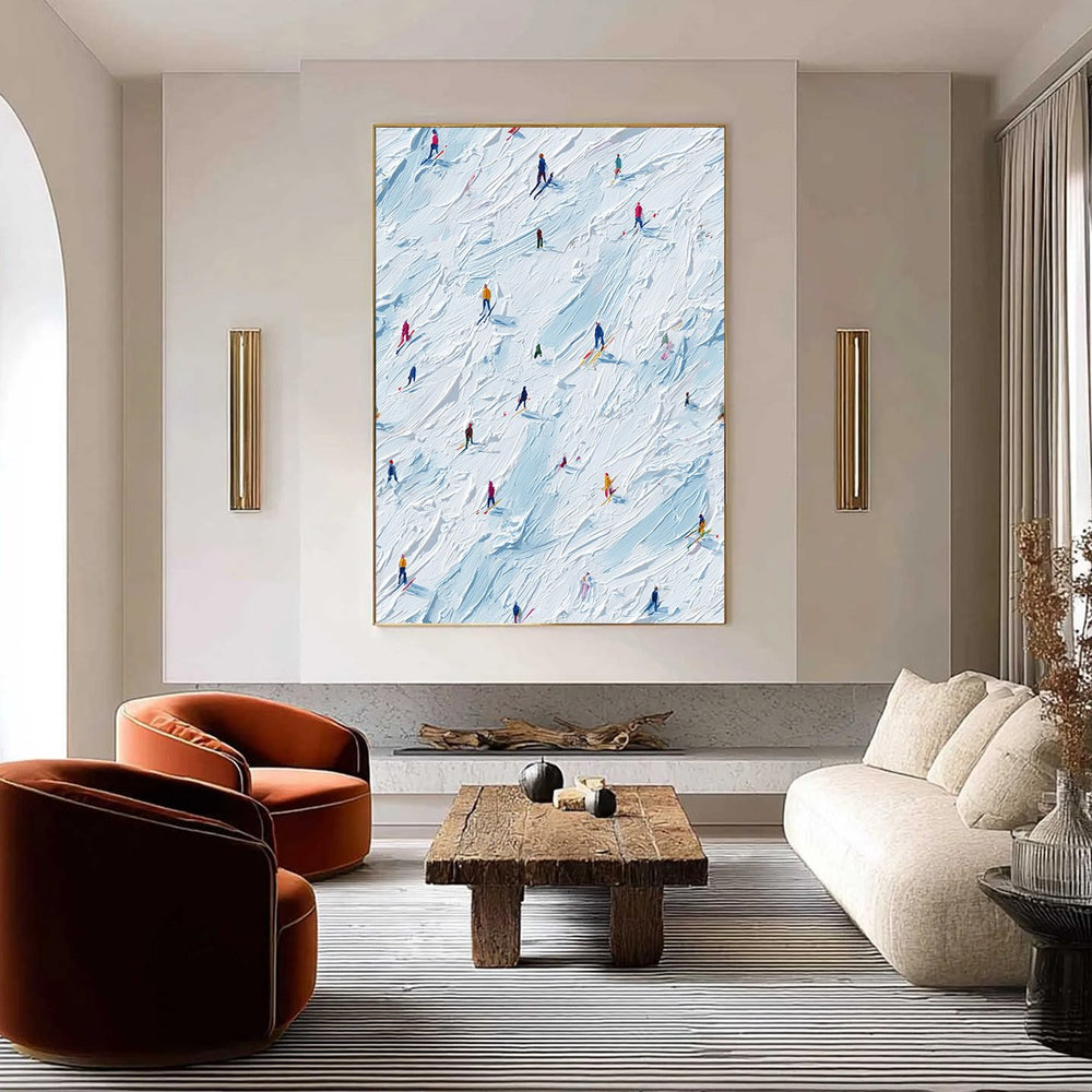 Alpine Rush Textured Skiers Oil Painting | Vertical Wall Art