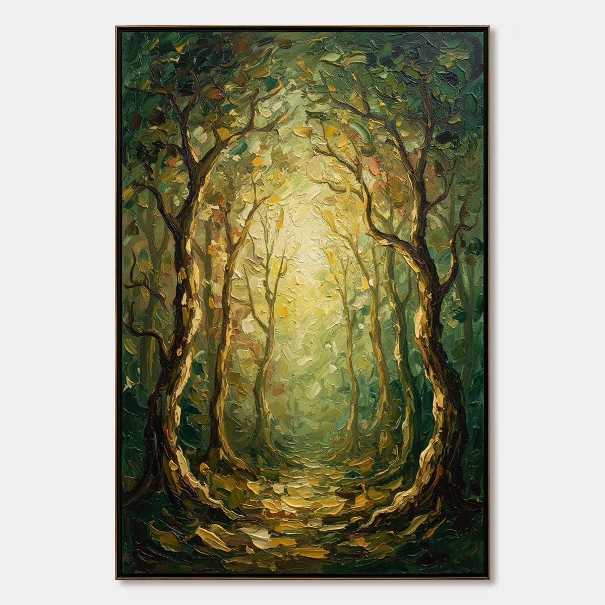 Luminous Trail: Textured Impasto Forest Oil Painting