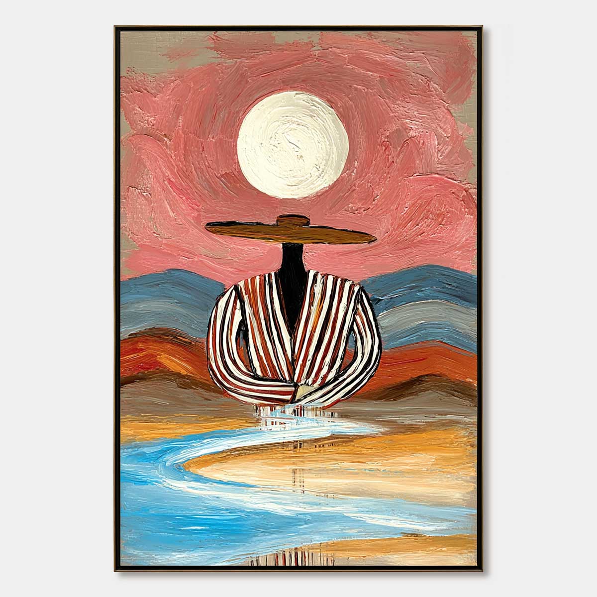 Riverbed Solitude Textured Portrait Oil Painting for Wall Art